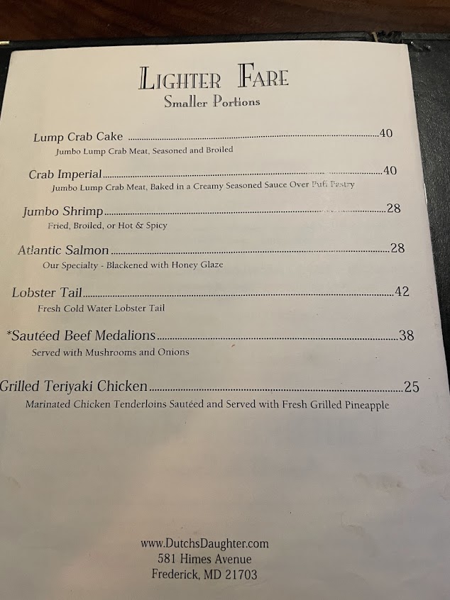 Dutch’s Daughter Menu, Hours, Prices & Location | Fine Dining Frederick, MD
